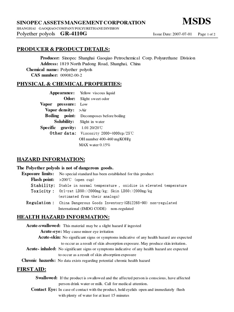 MSDS Polypropylene Glycol Polyol PPG GR 4110 China | Download Free PDF ...