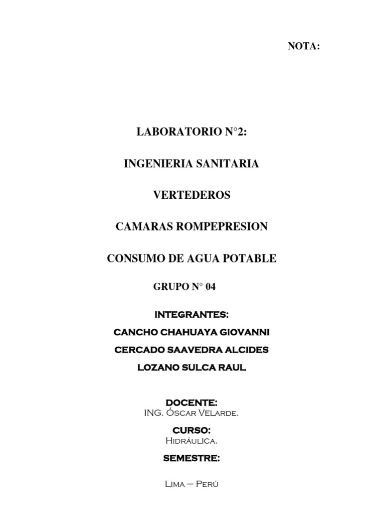 Laboratorio 2 Ing Sanitaria | PDF | Agua | Tubería (transporte de fluidos)