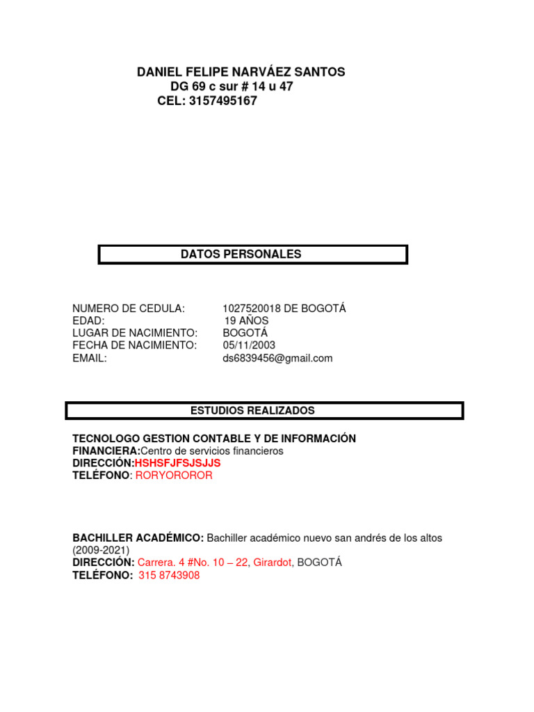 Hoja de Vida Daniel Narvaez Terminada | PDF | Crecimiento personal y ...