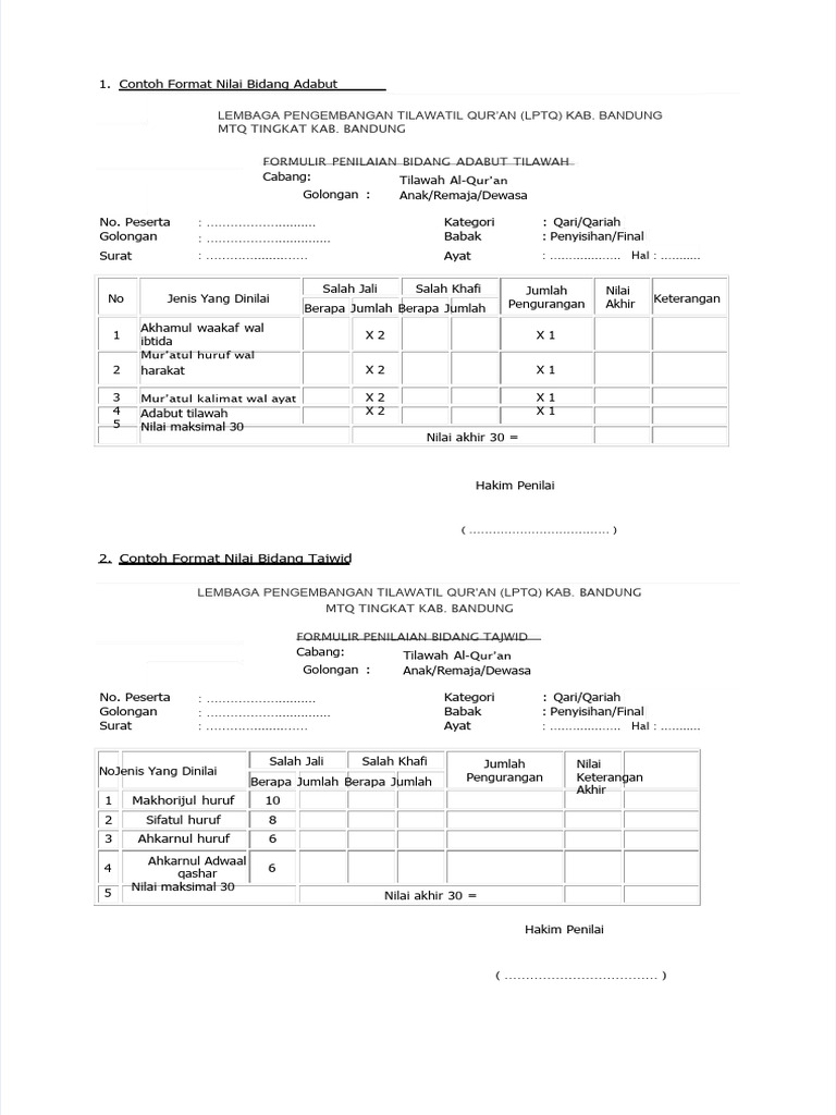 PDF Contoh Format Nilai MTQ Standar LPTQ | PDF