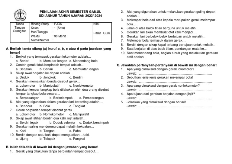 Soal Pas Ganjil Kelas 1 2023-2024 | PDF