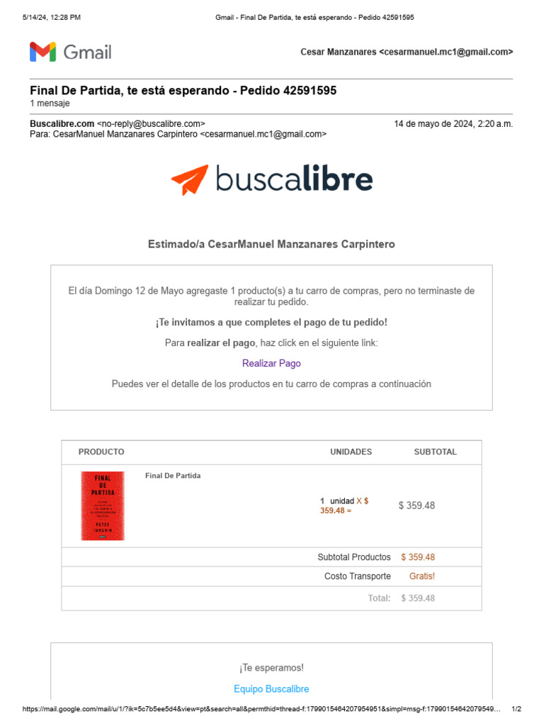 Gmail - Final de Partida, Te Está Esperando - Pedido 42591595 | PDF