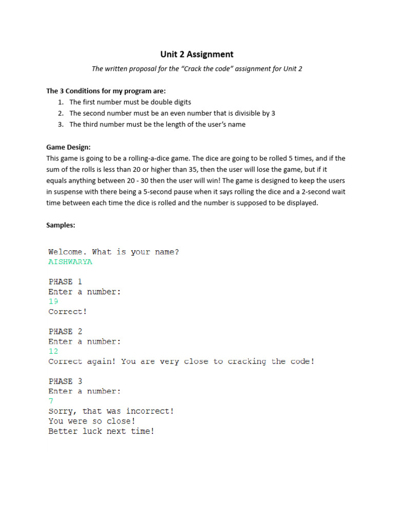 Unit 2 Assignment - Crack The Code, Written Proposal | PDF | Games ...