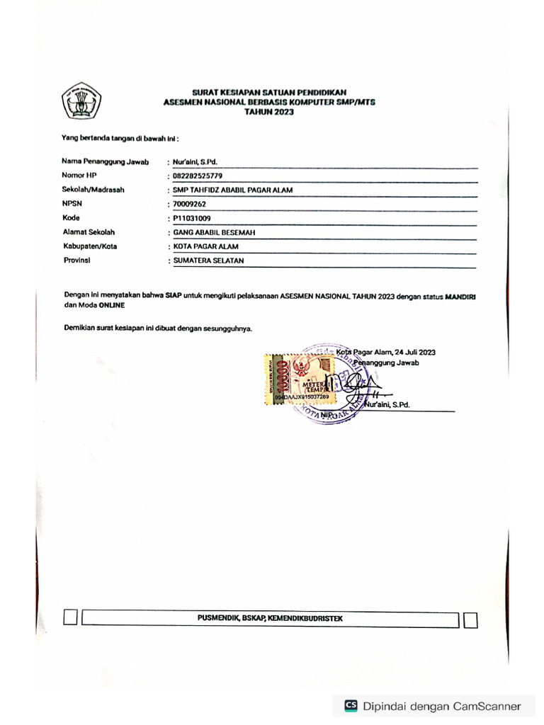 Surat Pernyataaan Siap ANBK 2023 | PDF