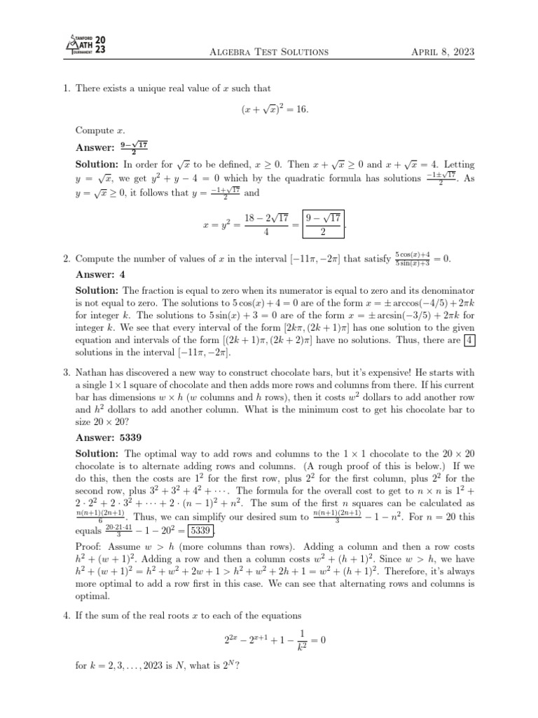 Algebra Solutions | PDF | Square Root | Quadratic Equation
