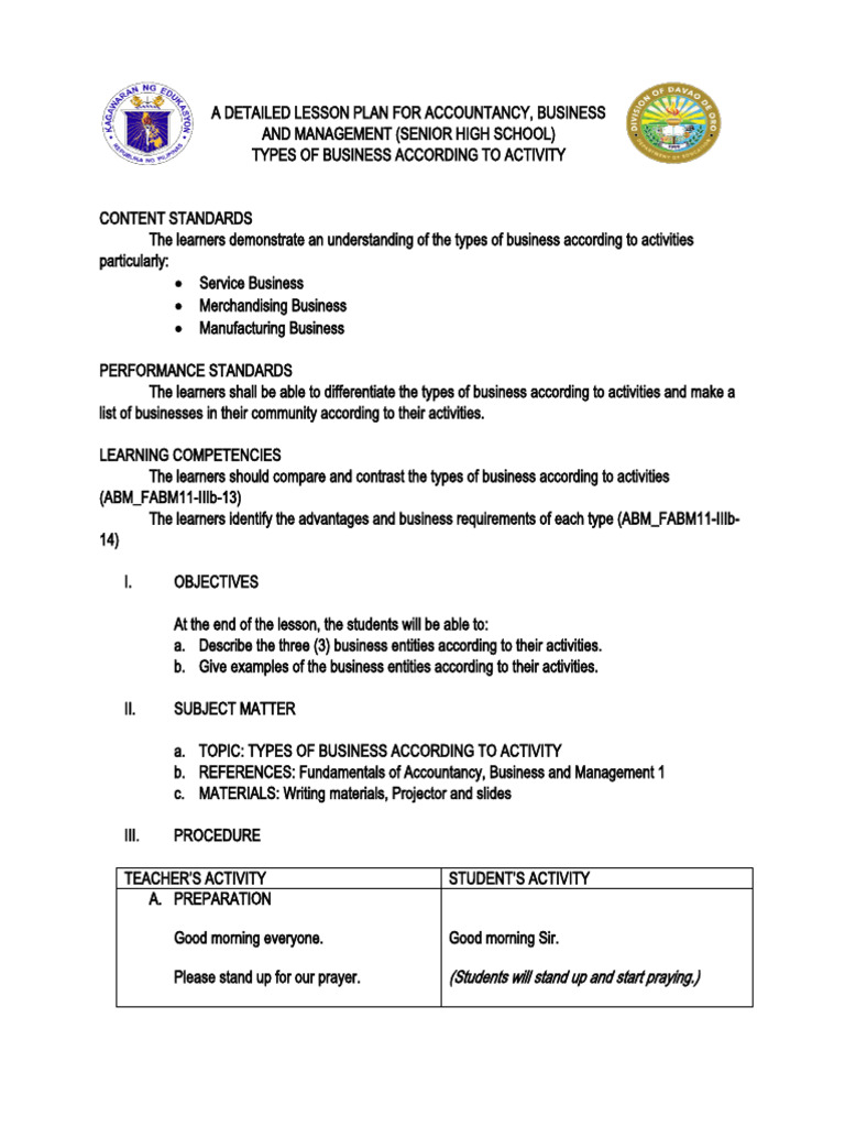 ABM Lesson Plan: Types of Business Activities | PDF | Business | Learning