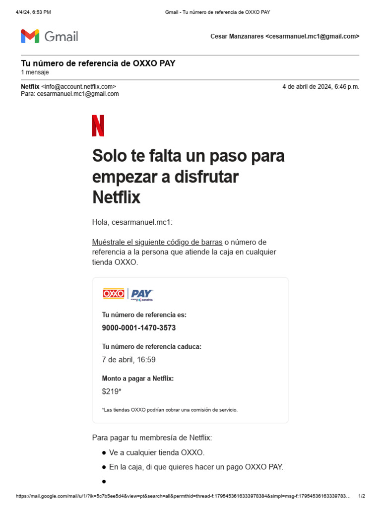 Gmail - Tu Número de Referencia de OXXO PAY3 | PDF | Servicios en línea