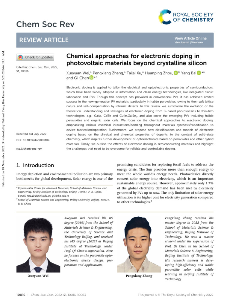 Chemical Approaches For Electronic Doping in Photovoltaic Materials ...