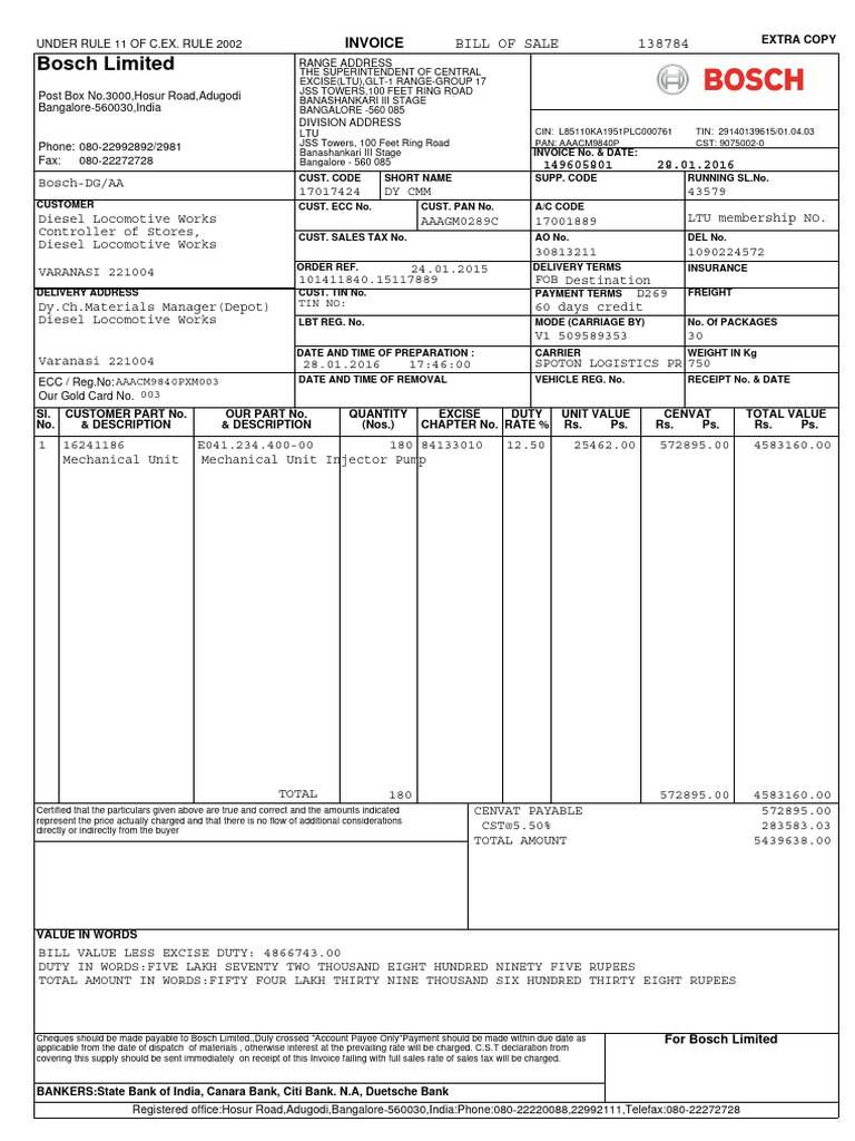 Bosch Invoice for Diesel Locomotive Works | PDF | Cheque | Payments