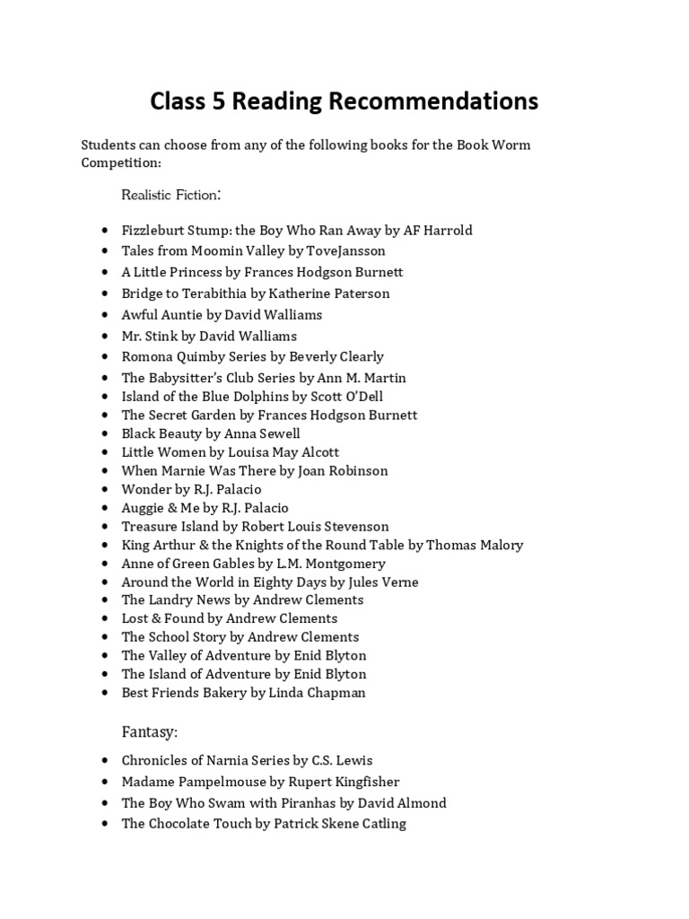 Class 5 Book Recommendations List | PDF | Children's Literature