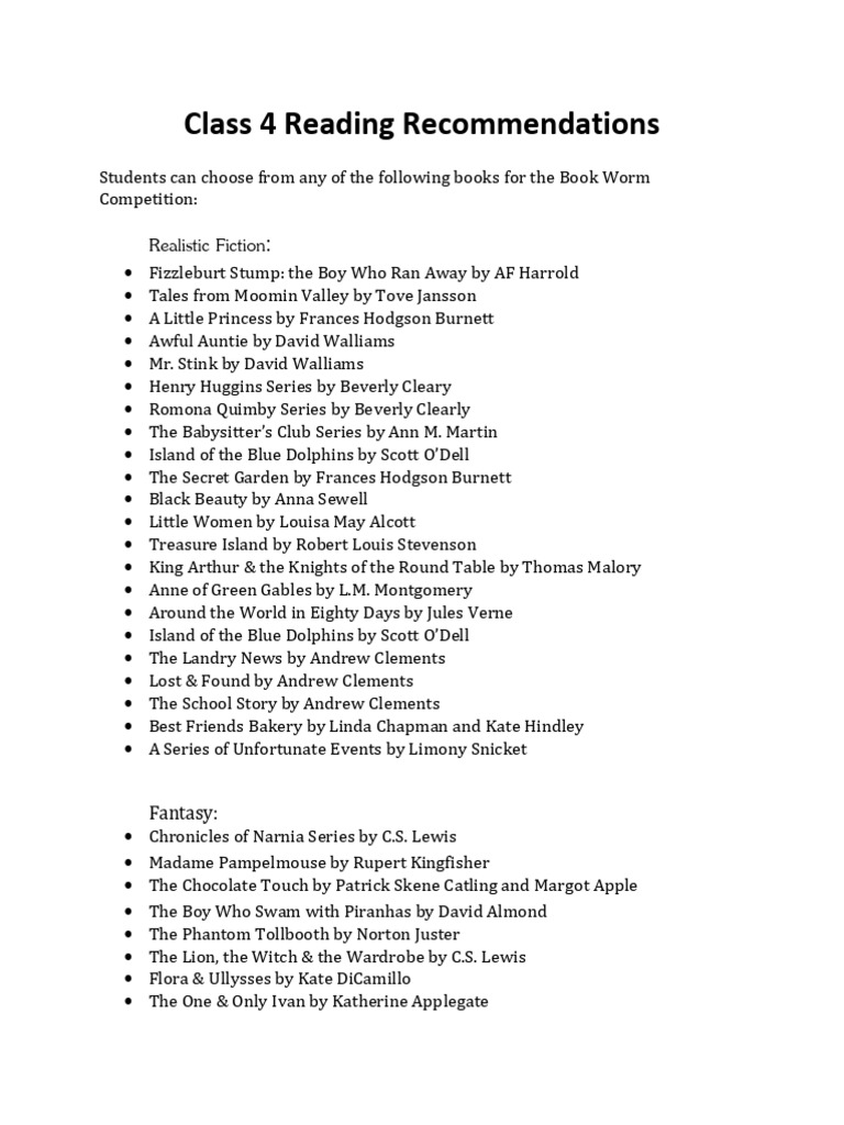 Class 4 Reading Recommendations | PDF | Children's Literature