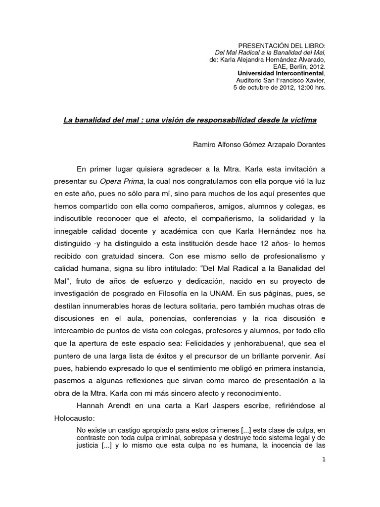 La Banalidad Del Mal Una Vision de Respo | PDF | Hannah Arendt | Mal