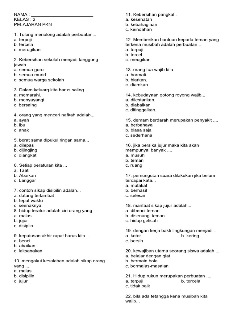 Soal PKN Kelas 2 Genap 2024 | PDF