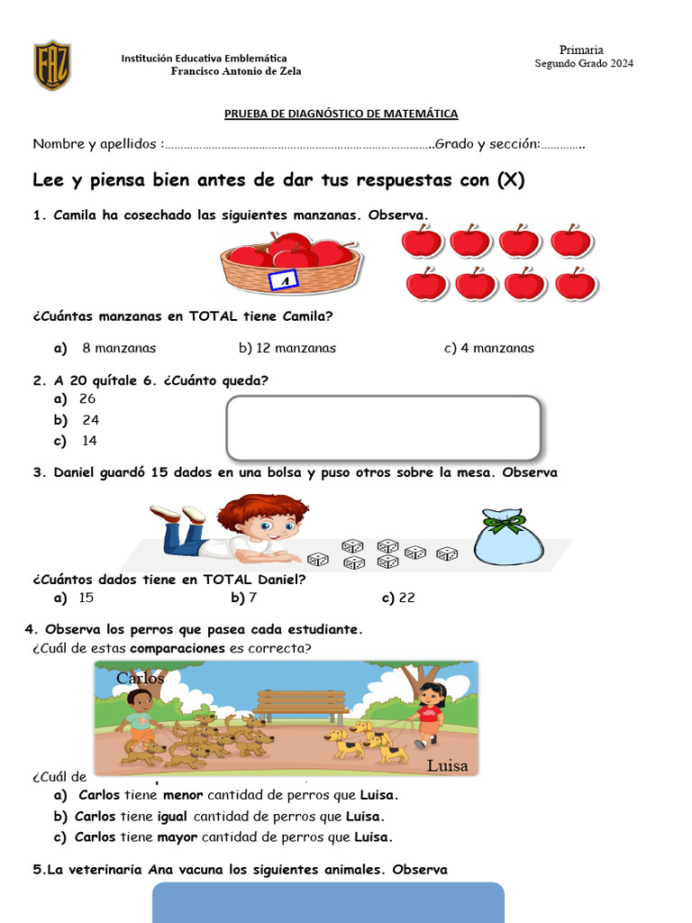 Prueba Diagnóstica Matemática 2° Grado 2024 | PDF