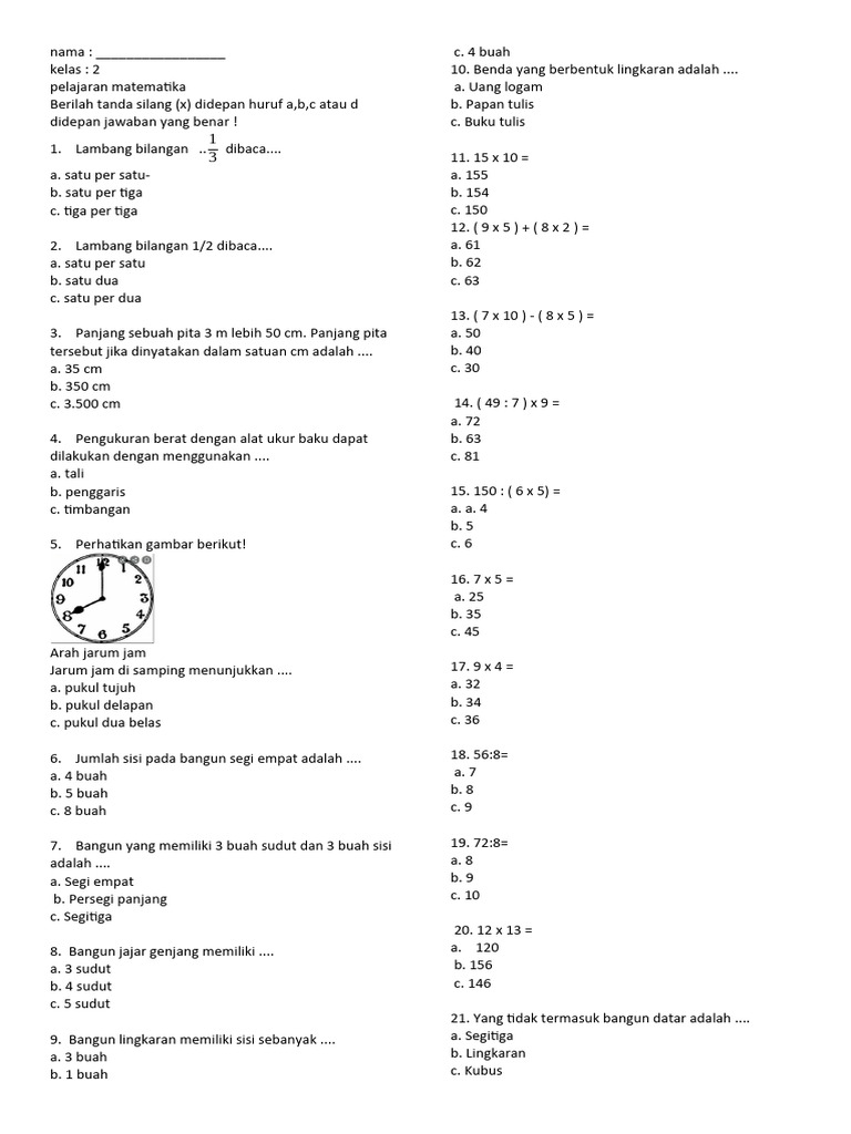 Soal Matematika Kelas 2 Semester 2 | PDF