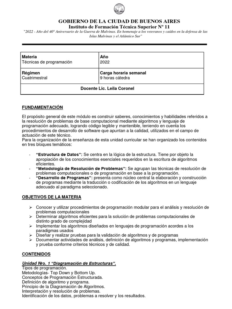 Programa y Cronograma - Técnicas de Programación - 1ro A - 2022 | Descargar gratis PDF ...