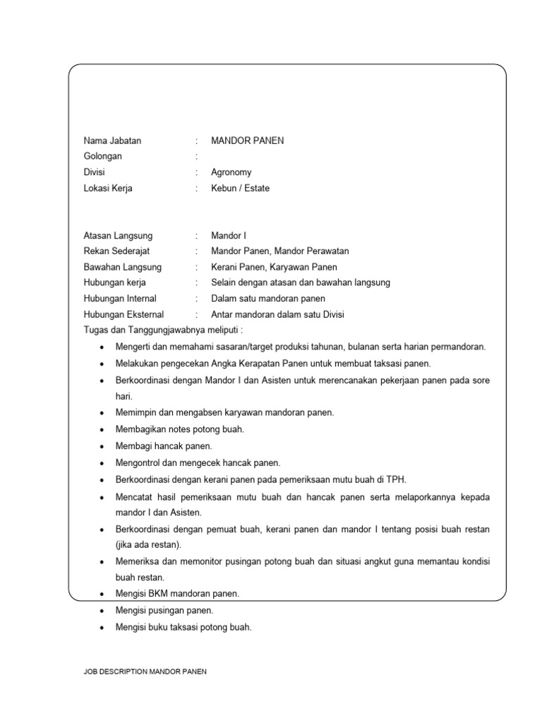 Jobdes-Mandor Panen | PDF