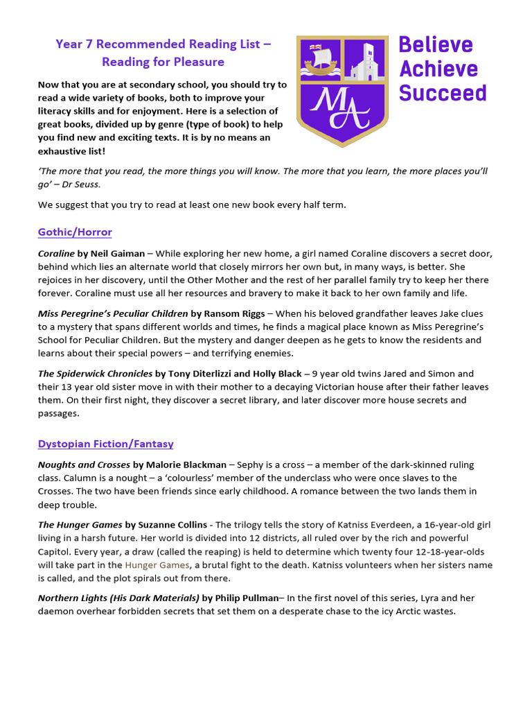 Year 7 Reading List | PDF | The Hunger Games | Bilbo Baggins