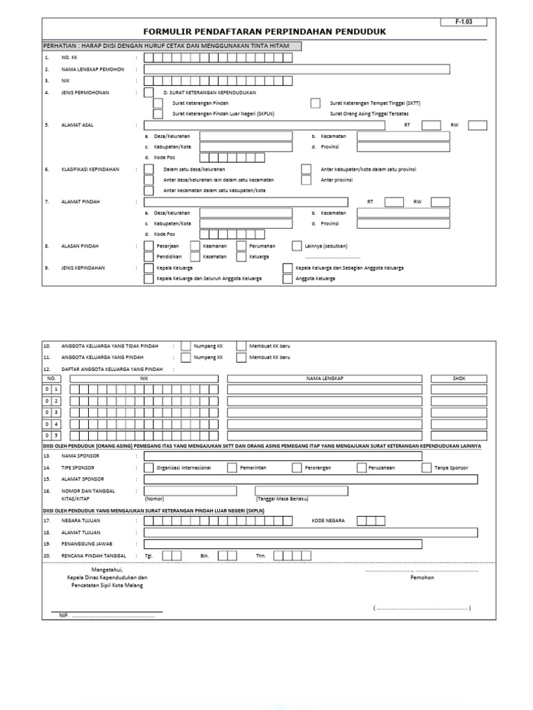 F1.03 Pendaftaran Perpindahan Penduduk | PDF