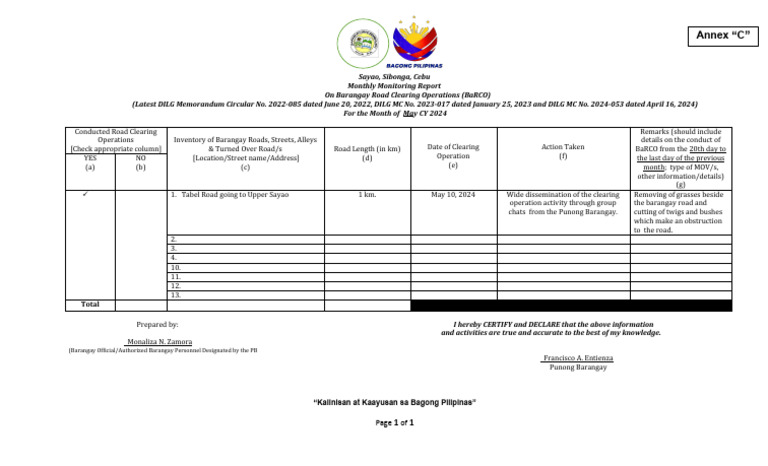 Barangay Road Clearing Report - May 2024 | PDF