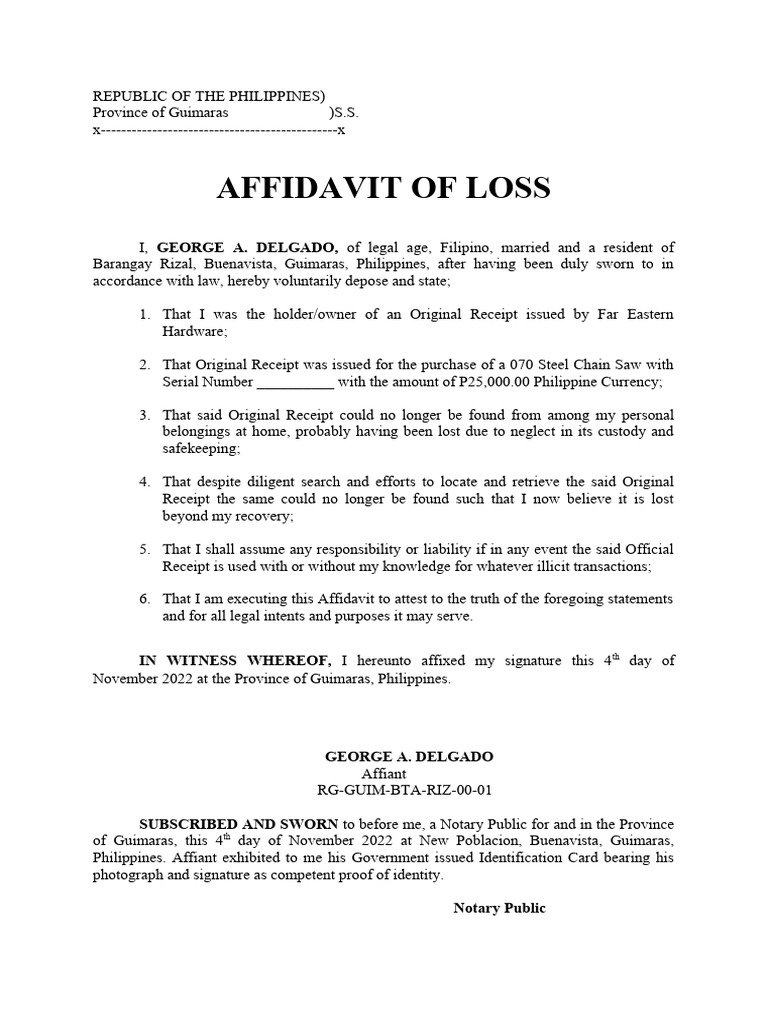 Affidavit of Loss - OR Chainsaw-Delgado | PDF