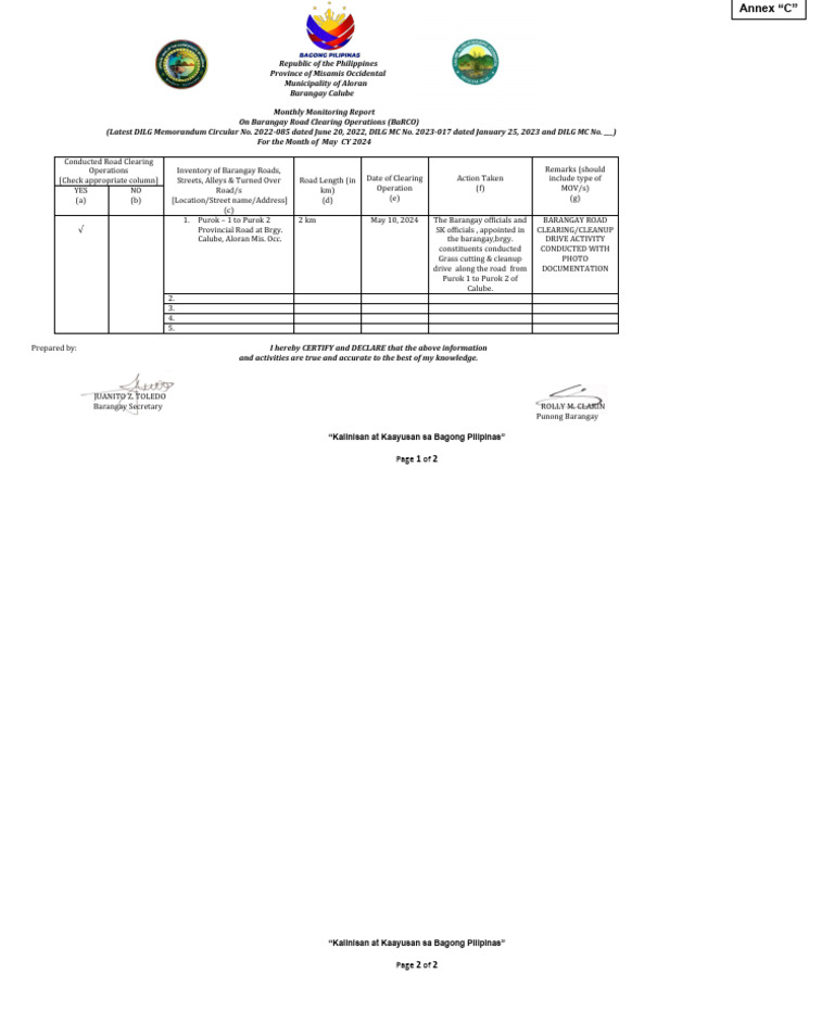 Barangay Road Clearing Report May 2024 | PDF