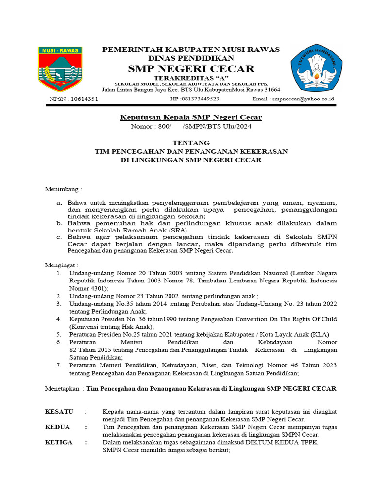 SK TPPK (Tim Pencegahan Dan Penangan Kekerasan) 2024 | PDF ...