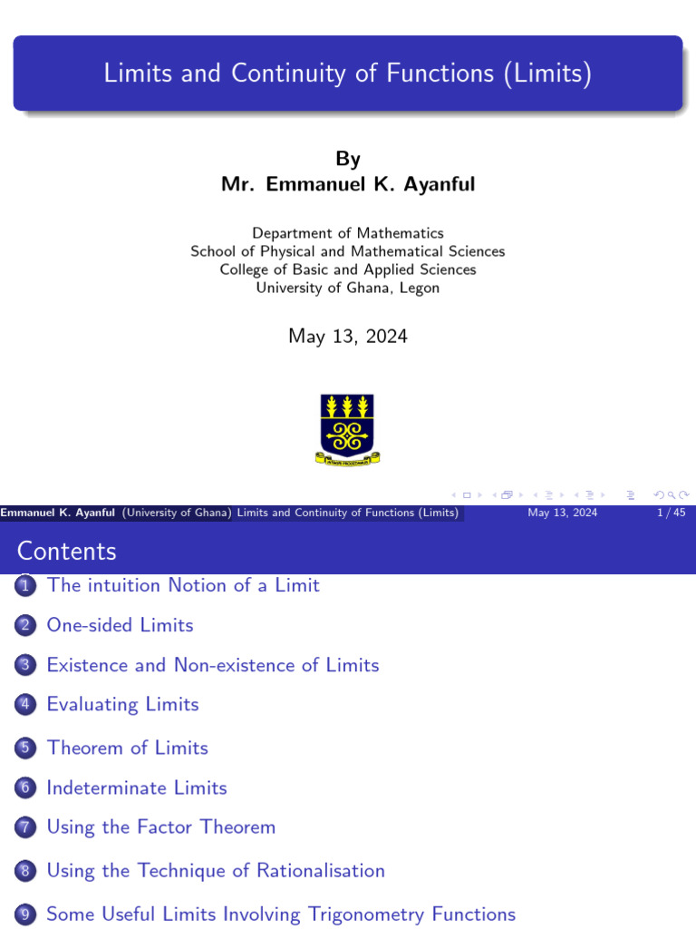 Math 122 Lecture Slides Limits And Continuity 1 240521 141103 Pdf Limit Mathematics