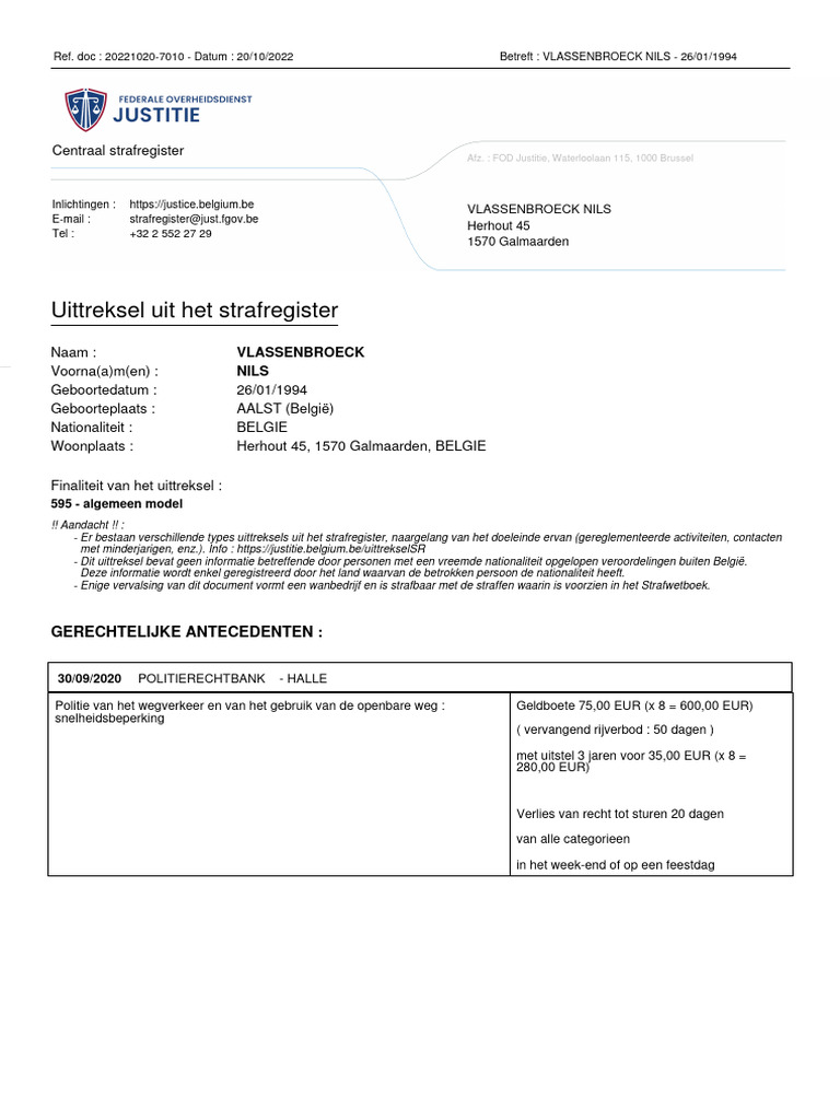 Uittreksel strafregister - 94012631711 | PDF