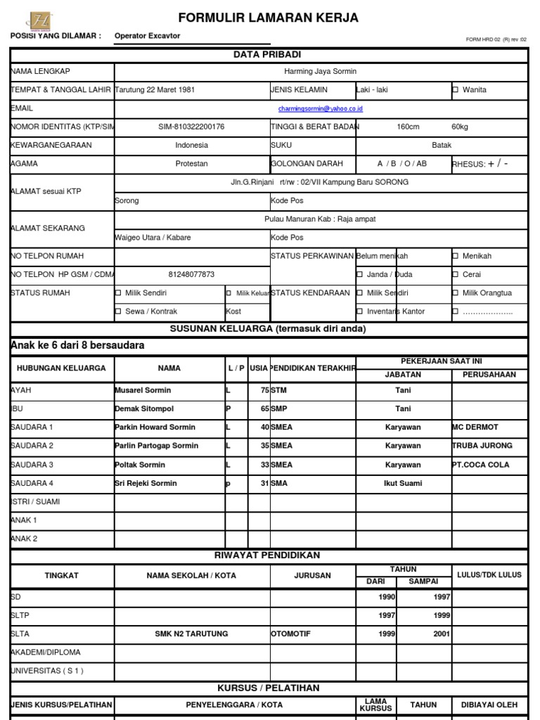 Contoh Pengisian Formulir Lamaran Kerja Formulir Kuesioner Amp Contoh ...