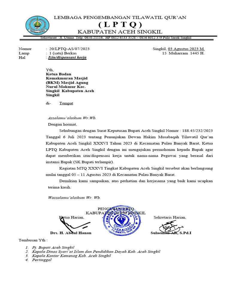 Surat Izin LPTQ | PDF