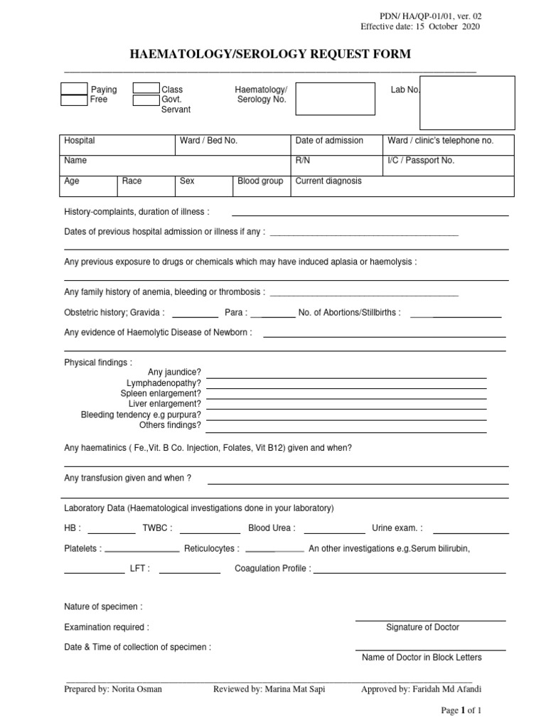 Haematology/Serology Request Form | PDF | Serology | Medical Specialties