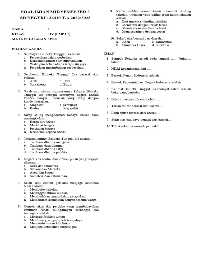 Soal Ujian Mid Sem 2 Kls 4 | PDF