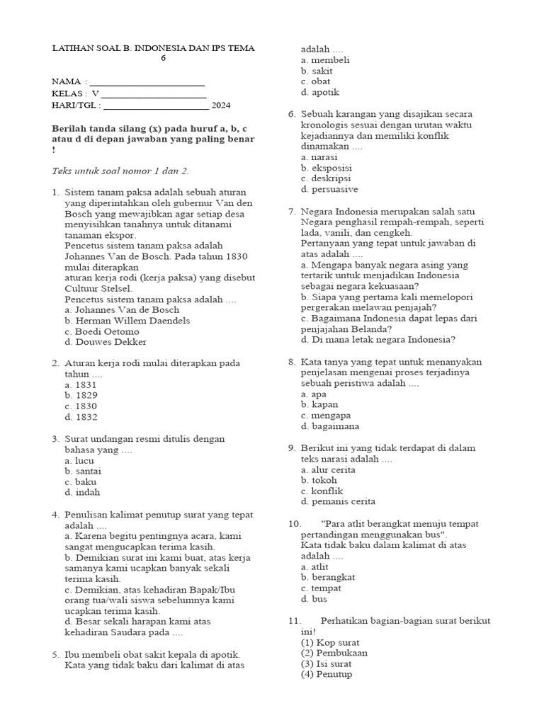 Soal Latihan BIN Dan IPS Tema 7 | PDF