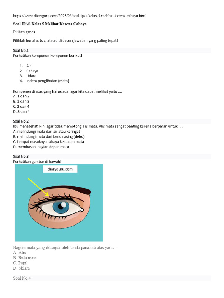Soal IPAS Kelas 5 Melihat Karena Cahaya | PDF