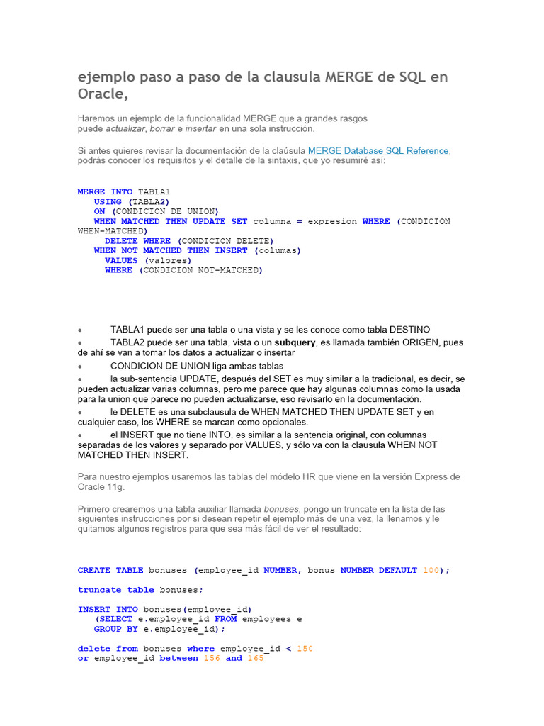 Ejemplo Paso A Paso de La Clausula MERGE de SQL en Oracle | PDF | SQL ...