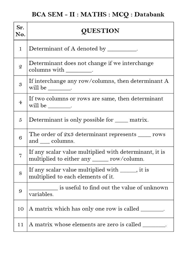 Bca Sem - Ii: Maths: MCQ: Databank: Sr. No | PDF | Matrix (Mathematics) | Determinant