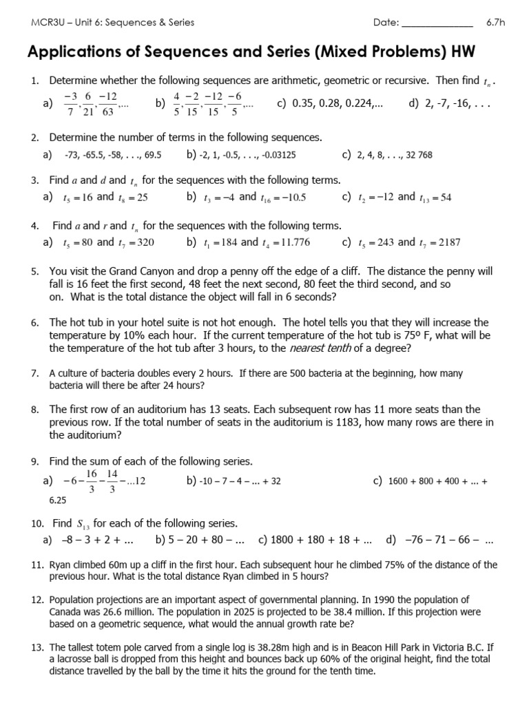 6.7h - Applications of Sequences and Series Mixed Problems HW | PDF | Mathematics