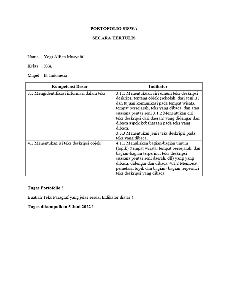 Contoh Portofolio Siswa Kelas X | PDF