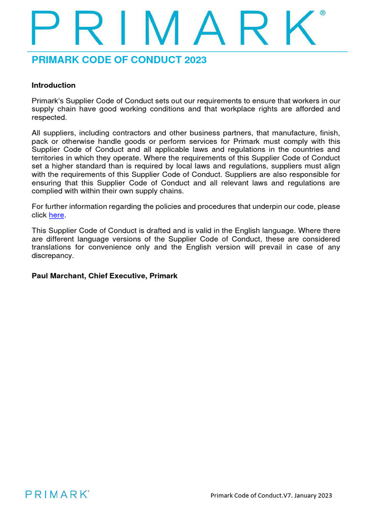 Primark Code of Conduct 2023 English | PDF | Bribery | Employment