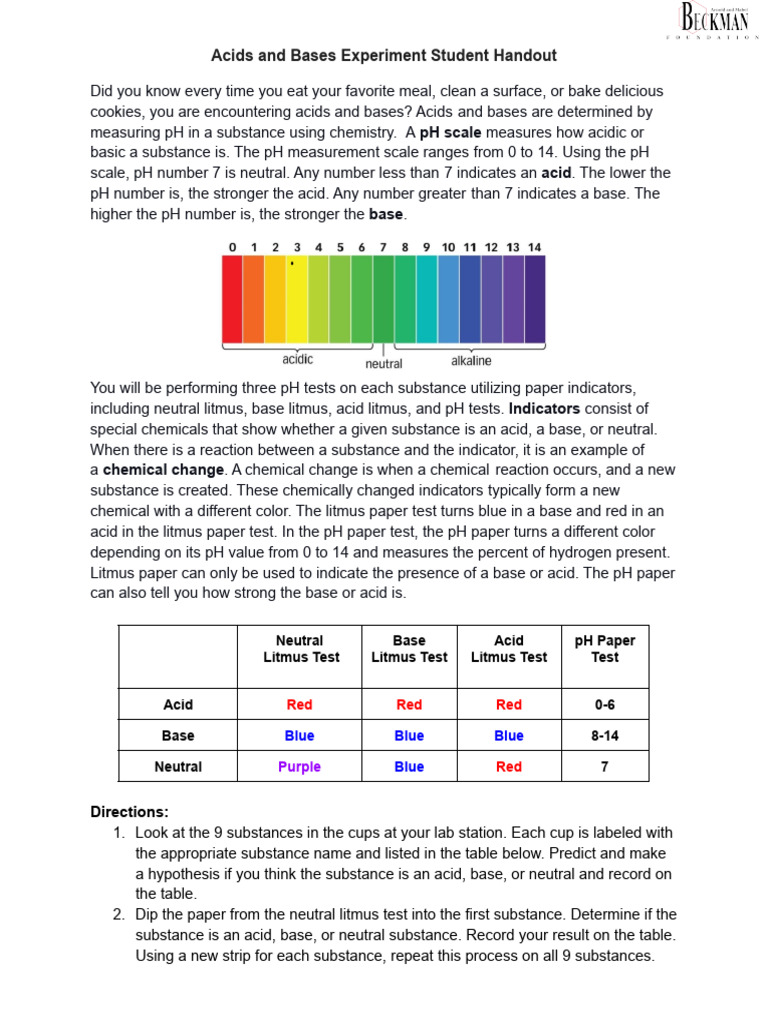 Acids and Bases Experiment Student Handout | PDF | Ph | Acid