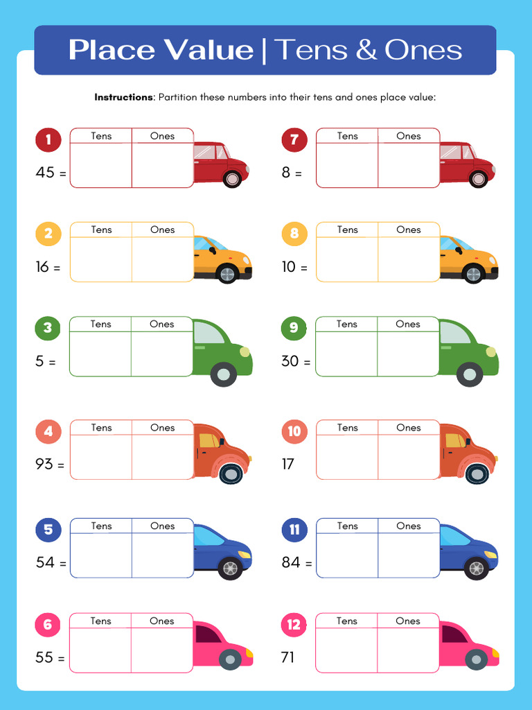 Grade 1 Maths Place Value Worksheet in Colorful Fun Car Style | PDF