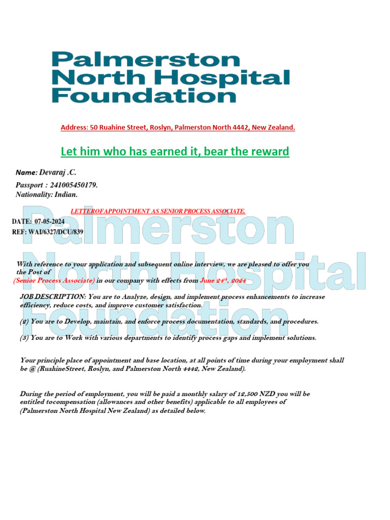 1 PALMERSTON NORTH HOSPITAL NEW ZEALAND APPOINTMENT LETTER Devaraj .C-Signed | PDF | Employment ...