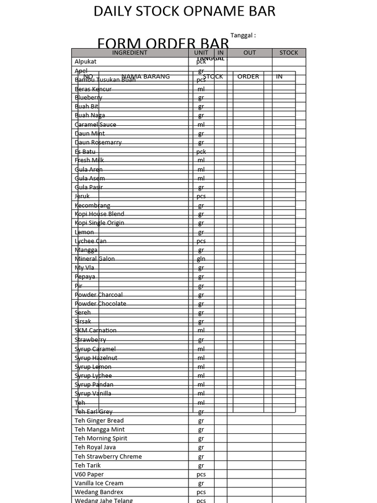 Daily Bar Stock Order Form | PDF | Cooking, Food & Wine