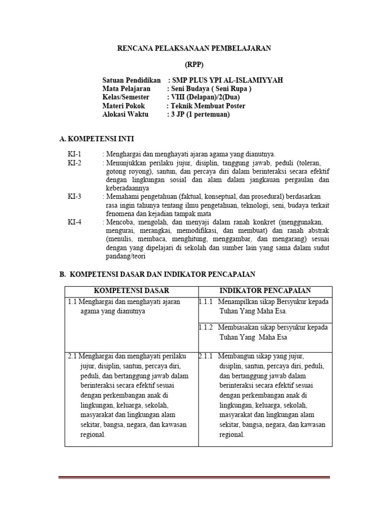 RPP Seni Rupa KD3.3. 4.3 Kelas 8 | PDF | Karier & Perkembangan | Seni