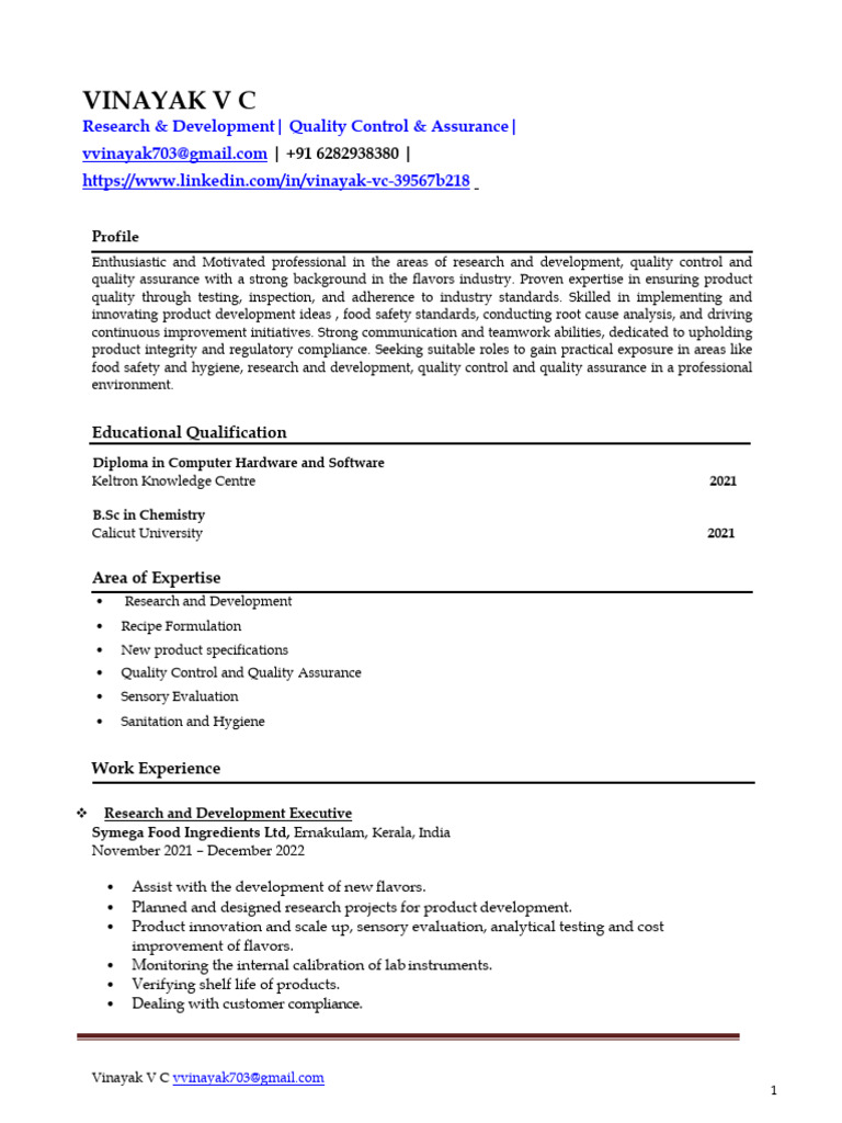 Vinayak V C Resume R Q Download Free Pdf Quality Assurance Food