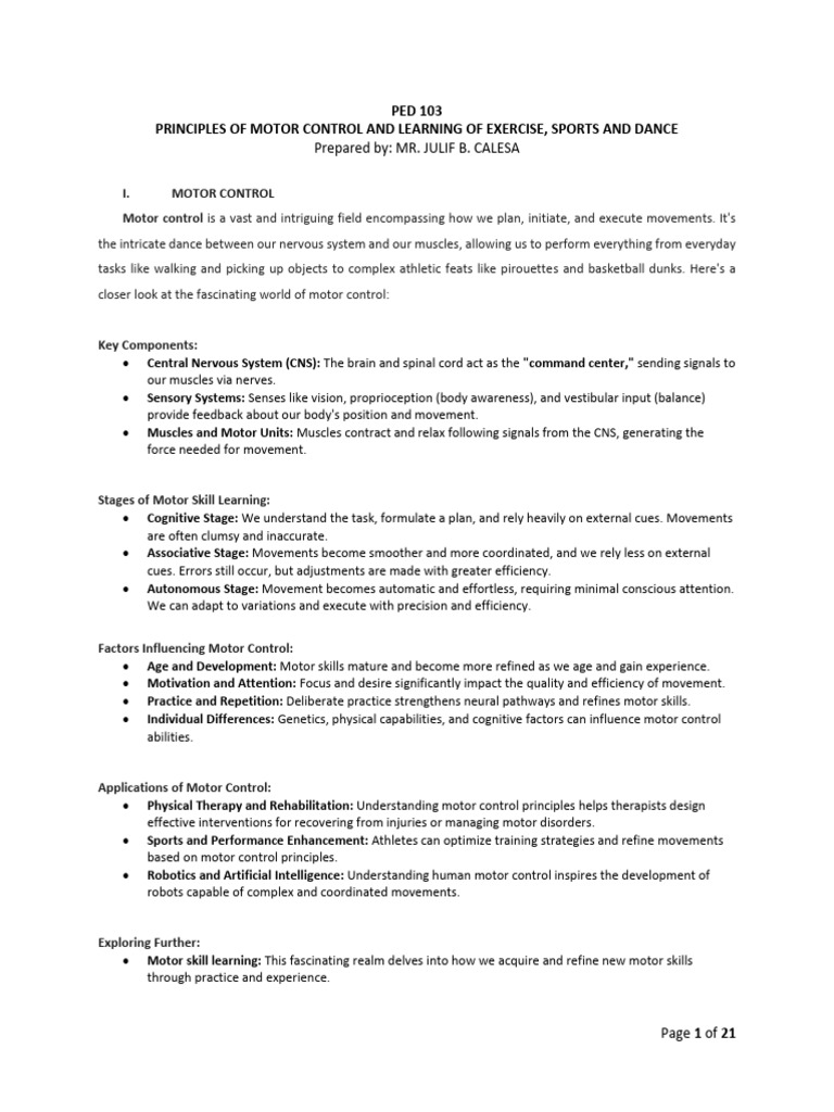 PED 103 Principles of Motor Control and Learning Instructional Material ...