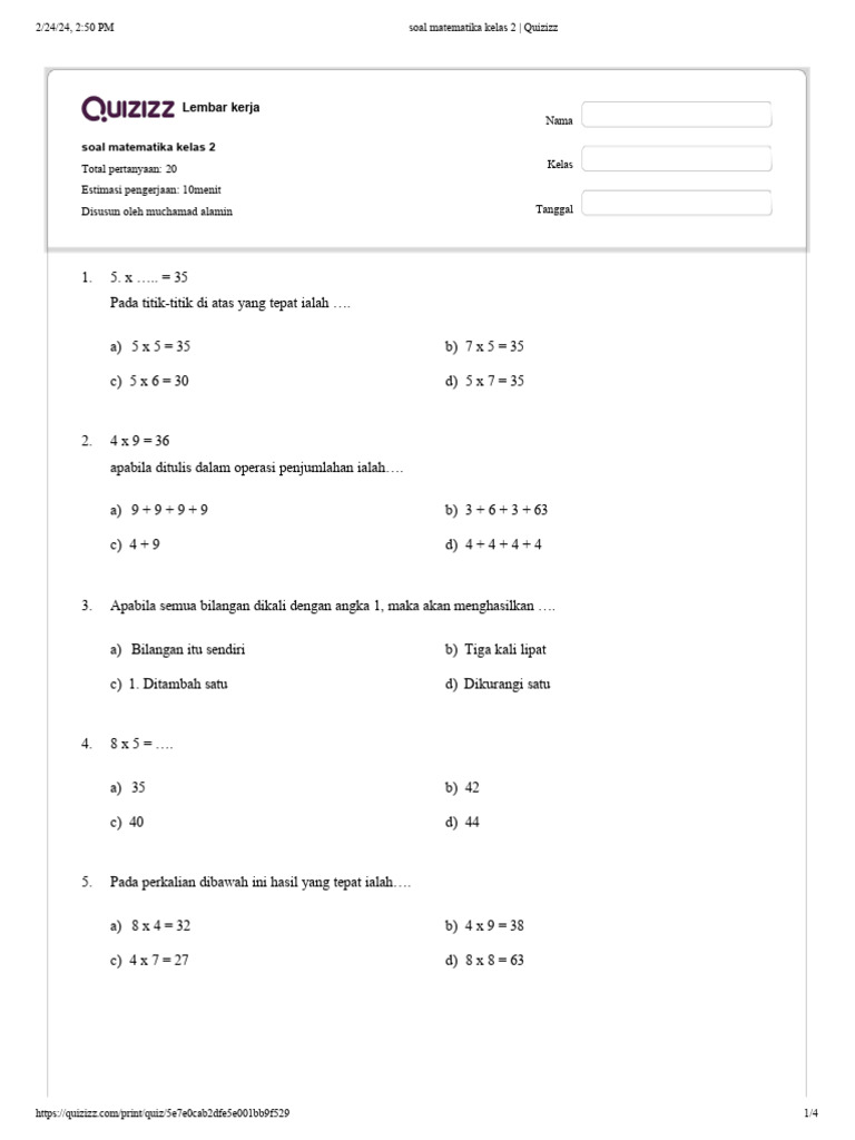 Soal Matematika Kelas 2 - Quizizz2 | PDF | Metode & Bahan Ajar