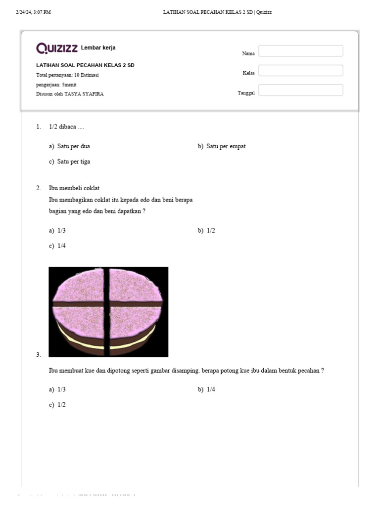 LATIHAN SOAL PECAHAN KELAS 2 SD - Quizizz2 | PDF