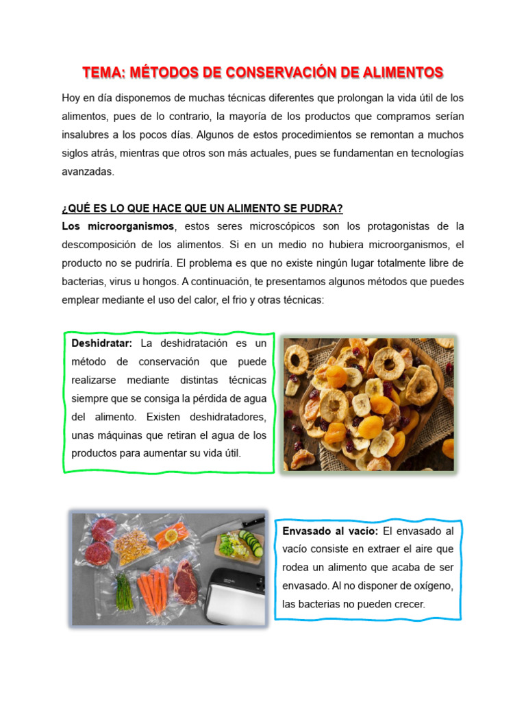 Tema Métodos de Conservación de Alimentos | PDF | Conservación de los alimentos | Alimentos